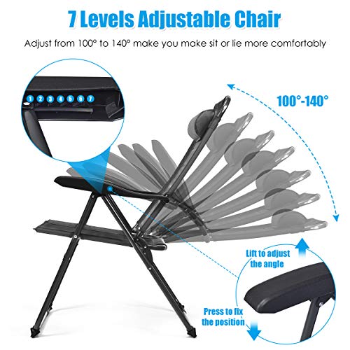 Giantex Set of 2 Patio Dining Chairs, Folding Lounge Chairs with 7 Level Adjustable Backrest, Headrest, 300 Lbs Capacity, Outdoor Portable Chairs with Metal Frame (2, Gray)