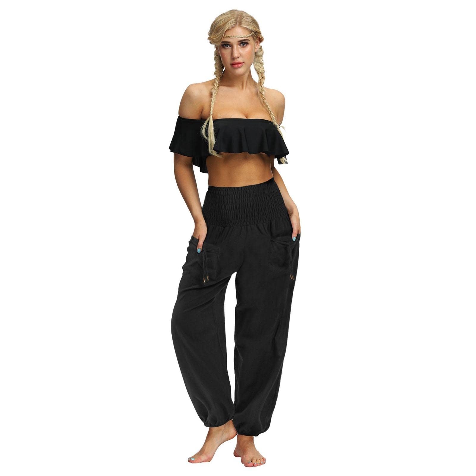 Casual Yoga Pants for Women Cinch Bottom Loose Plain Elastic Waist Wide Leg Dancing Pants with Pocket Drawstring Light Weight Gym Trousers Lounge uk harem cargo Pure Solid Color E75-Black