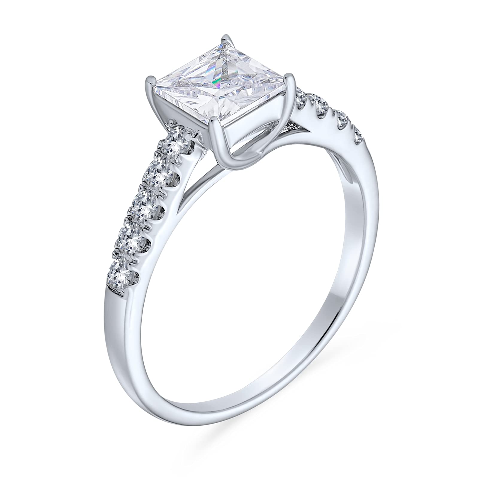 Bling Jewelry Personalize Timeless Classic Simple 1.5CT AAA CZ Square Princess Cut Solitaire Promise Engagement Ring For Women .925 Sterling Silver Cubic Zirconia Pave Side Stone Band Customizable