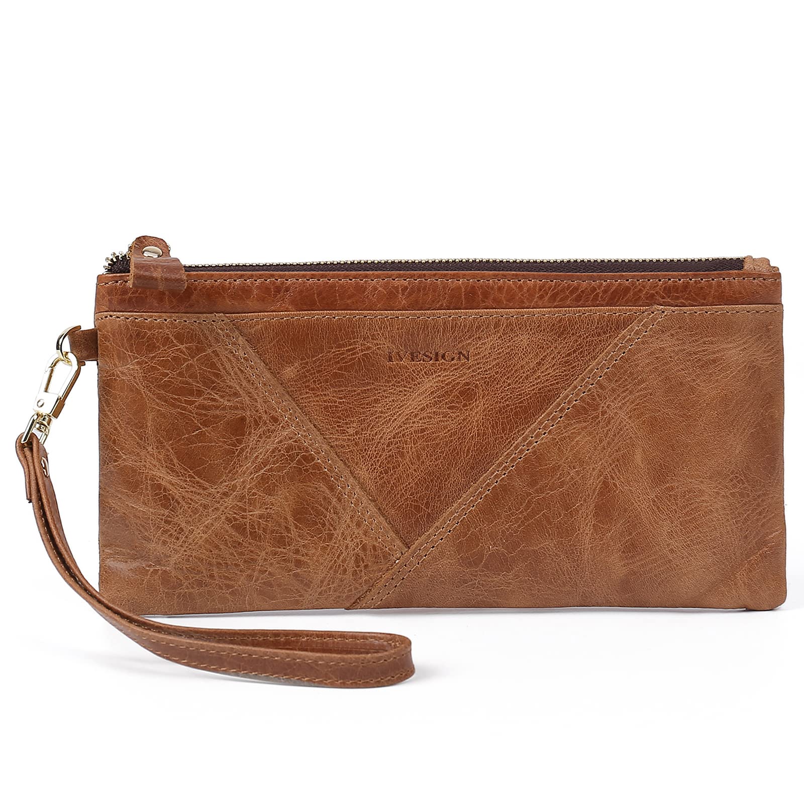 IVESIGN RFID Blocking Leather Wallet for Women, Genuine Leather Slim Wristlet Clutch with Phone Holder, Credit Card Organizer, Coin Purse & Removable Strap – Brown