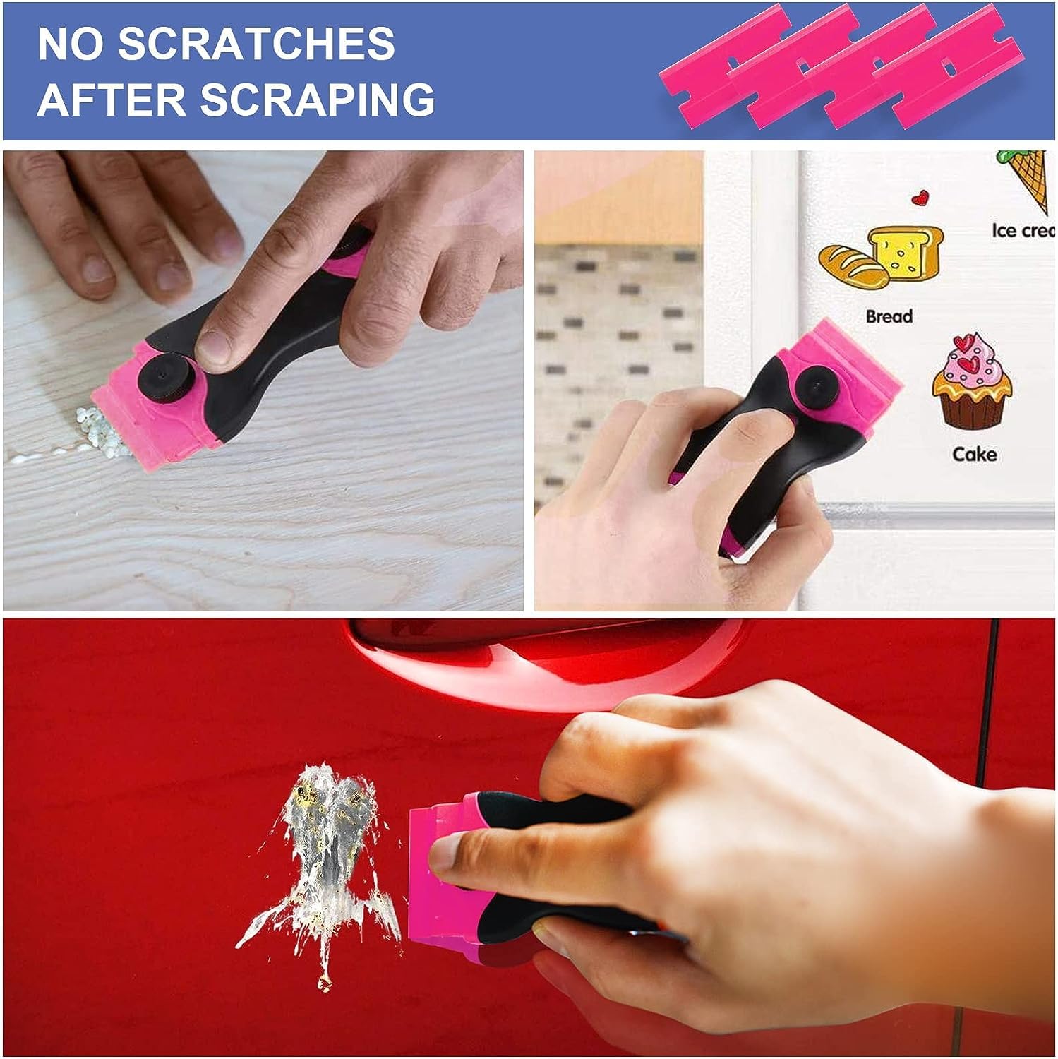 DEKEones Razor Blade Scraper, Double Edged Razorblade Scraping Tool with 10 Pcs Razor Blades, Paint Scraper for Glass, Decals, Tint, Stickers, Labels, Caulk, Adhesive(Pink)