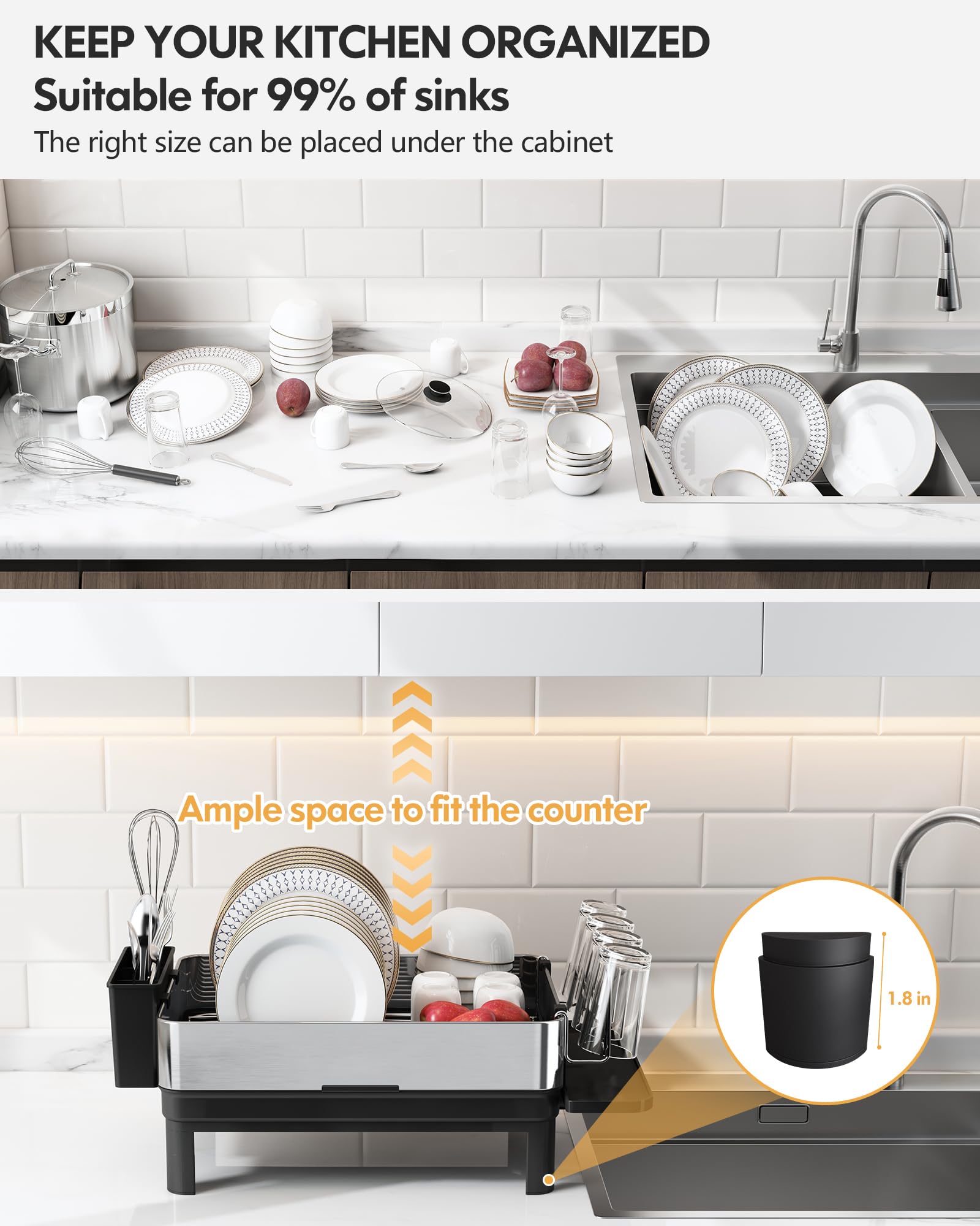 BOOSINY Dish Drying Rack, 2 Tier Dish Racks for Kitchen Counter with Utensil Holder, Dish Drainer and Darinboard Set with Cup Holder, Cutting-Board Holder and Drying Mat (Black)