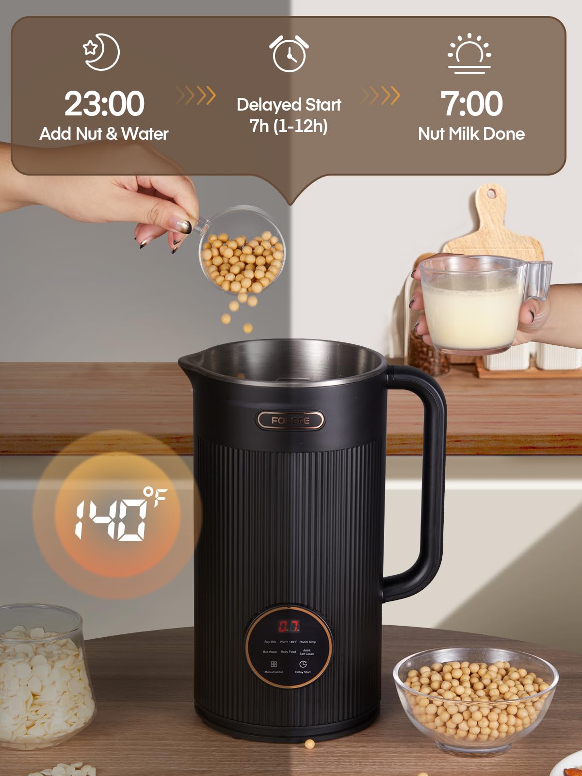 FOHERE 35oz 6 In 1 Nut Milk Maker, 1000ml 800W Automatic Cow Milk Maker Machines Plant-Based Milk, Soy, Oat, Juice, Baby Food, With 12H Timer/Self-Clean/Keep Warm/Boil