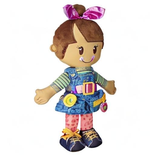 Playskool Dressy Kids Doll, Brown Hair and Bow, Activity Plush Toy with Zipper, Shoelace, Button, For Ages 2+ (Amazon Exclusive)