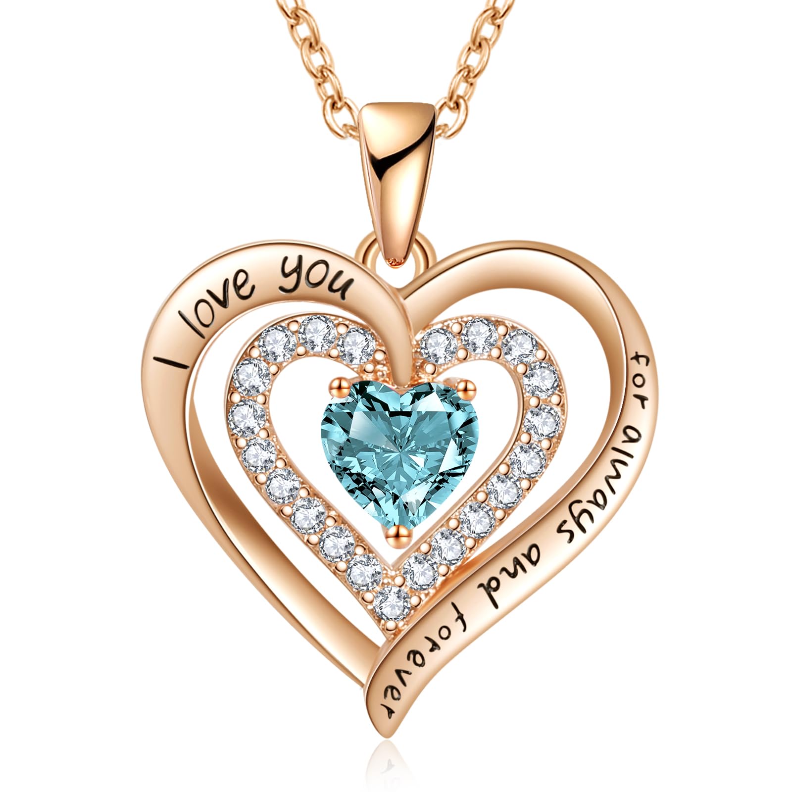 REDBEE 18K Rose Gold Plated 925 Sterling Silver Birthstone Heart Necklace for Women's Gifts from Husband Necklace Gift for Wife Aquamarine Birthstone Necklace for Her (Rose Gold-Mar-Aquamarine