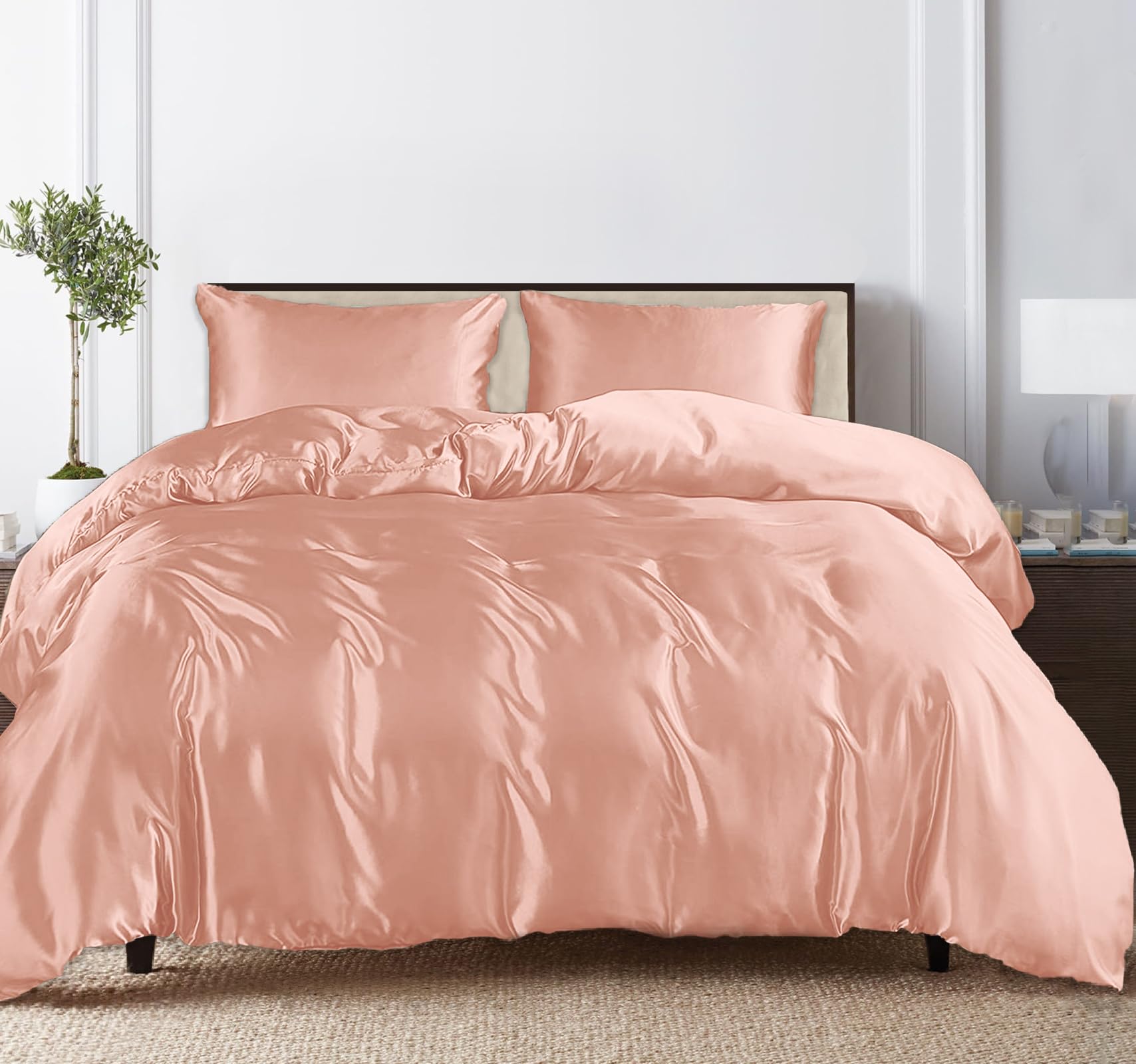 Linenwalas Tencel Lyocell Duvet Cover Set with Deep Pocket Fitted Sheet, Viscose Made from Eucalyptus Soft, Lightweight and Breathable Complete Bedding Set (Rose Gold, Queen)