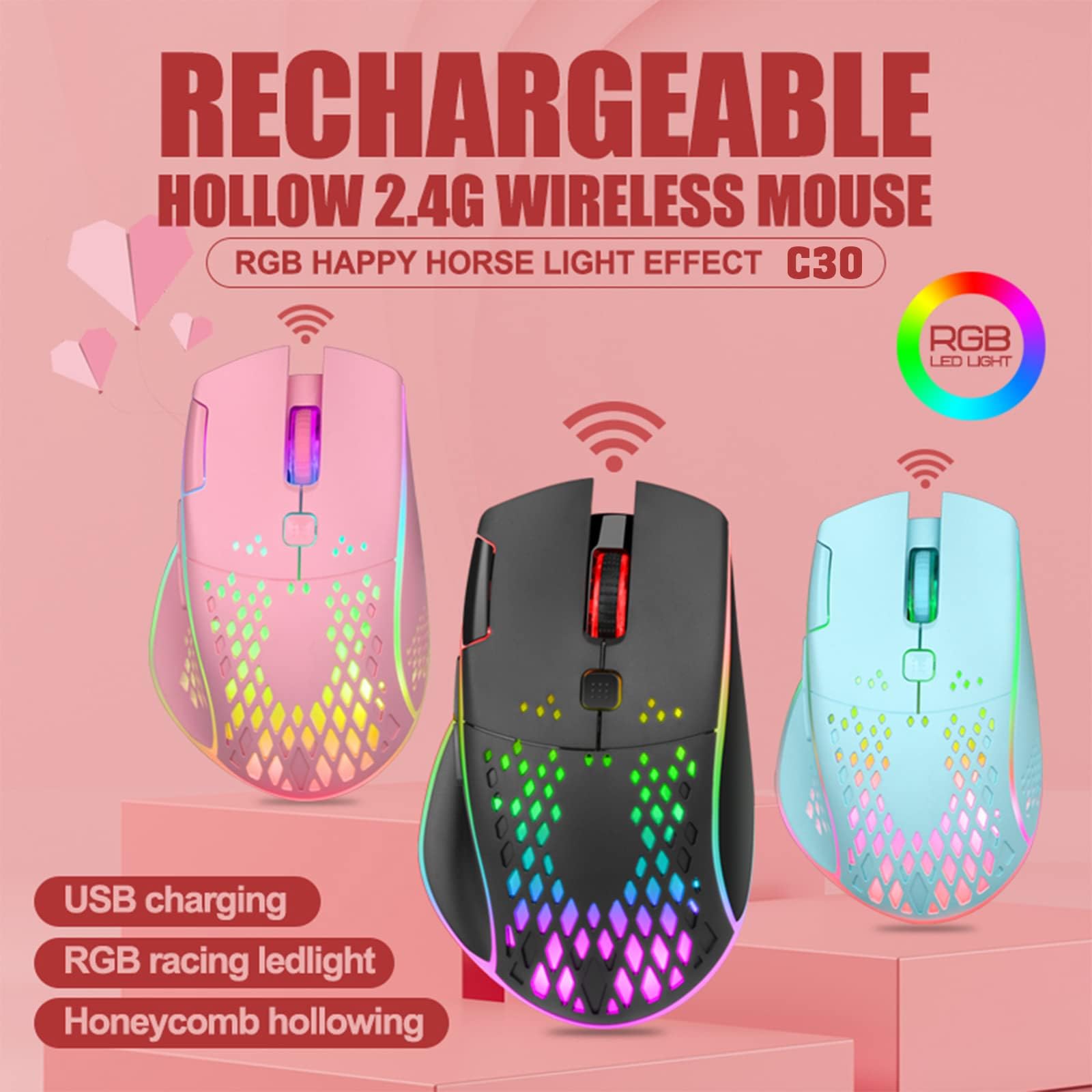 VEGCOO Wireless Gaming Mouse, C30 Silent Click Wireless Rechargeable Gaming Mouse with Double-Click Key and Colorful LED Lights, 3 Level Adjustable DPI, 400mah Lithium Battery for Gaming and Working