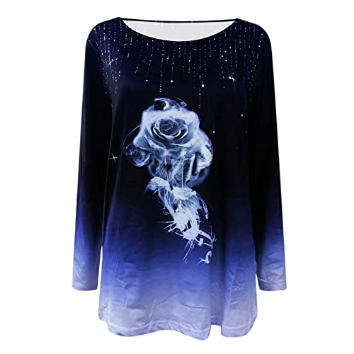 Blusa con Estampado de Cuello Redondo para Mujer Camiseta de Manga Larga Sudadera holgada túnica tanque Y2K Moda,Blue,X-Large