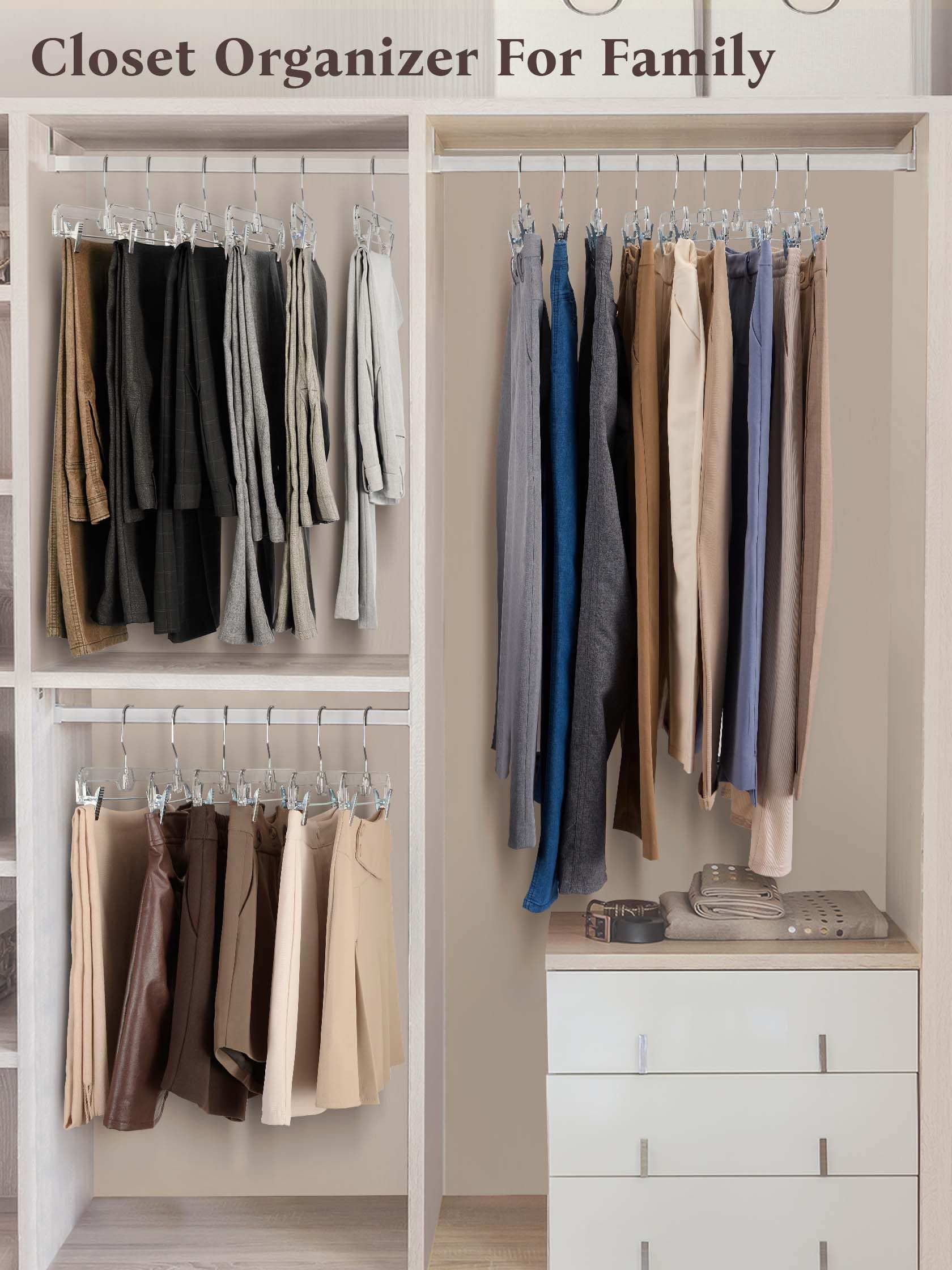 HOUSE DAY Clear Skirt Hangers with Clips, Non-Slip Plastic Pant Hangers with Adjustable Clips, Slim Clip Hangers for Pants, Skirts, Shorts, 14" Clear Hangers 10 Pack, 360-Rotating Swivel Hook