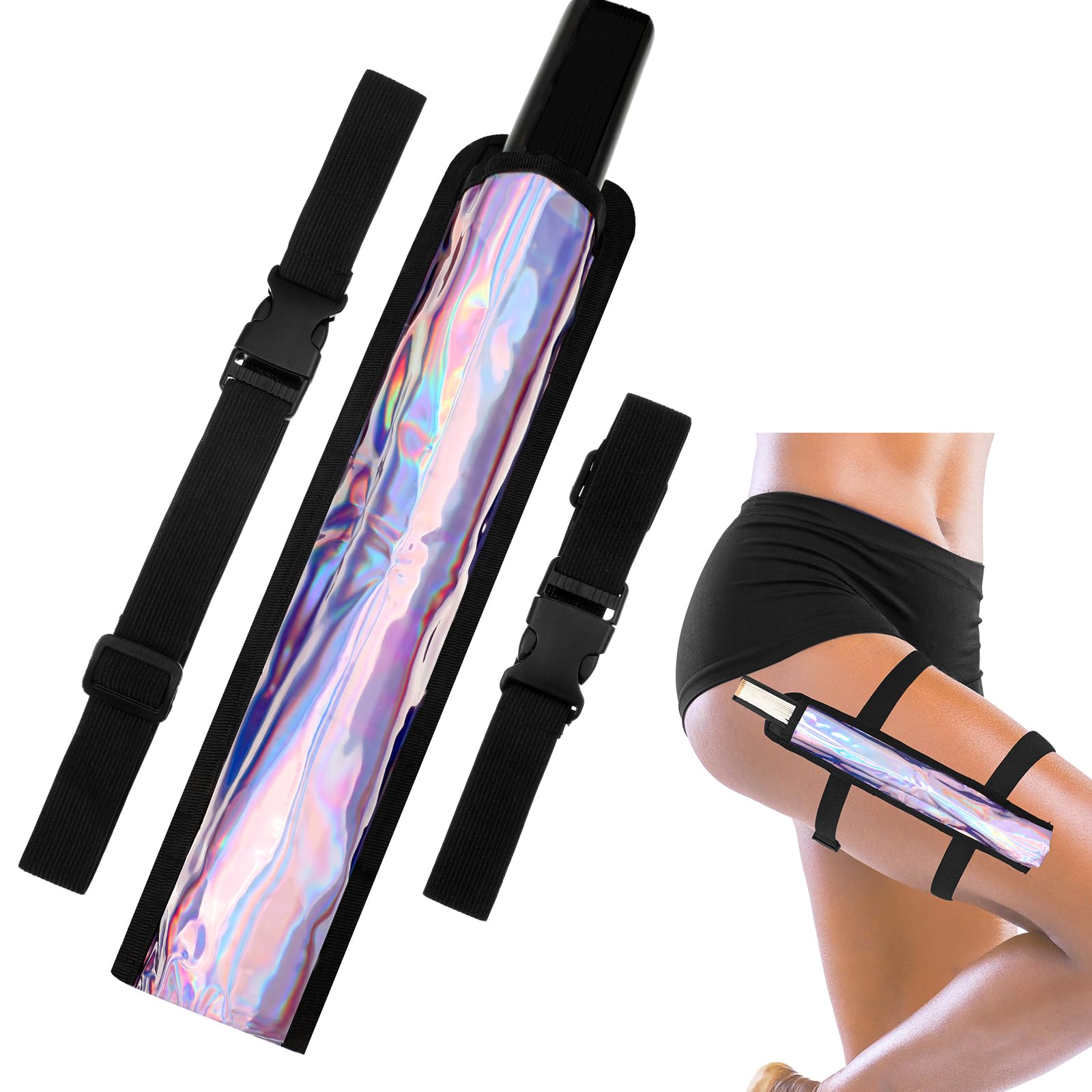 Cosblank Summer Rave Fan Holster Rave Fan Holder Folding Hand Fan Pouch Foldable Fan Sleeves with Waist Belt for Thigh Party (Holographic Silver,Classic Style)