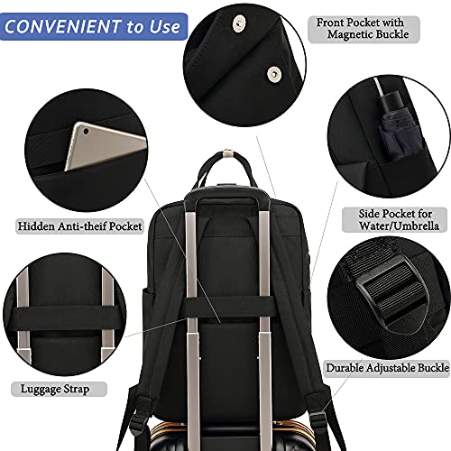 FUXINGYAO Women Laptop Backpack, Durable Travel backpack with Headphone Cable Hole, Anti Theft Backpack for Fits 15.6 Inch Notebook, Multicolor, Black2