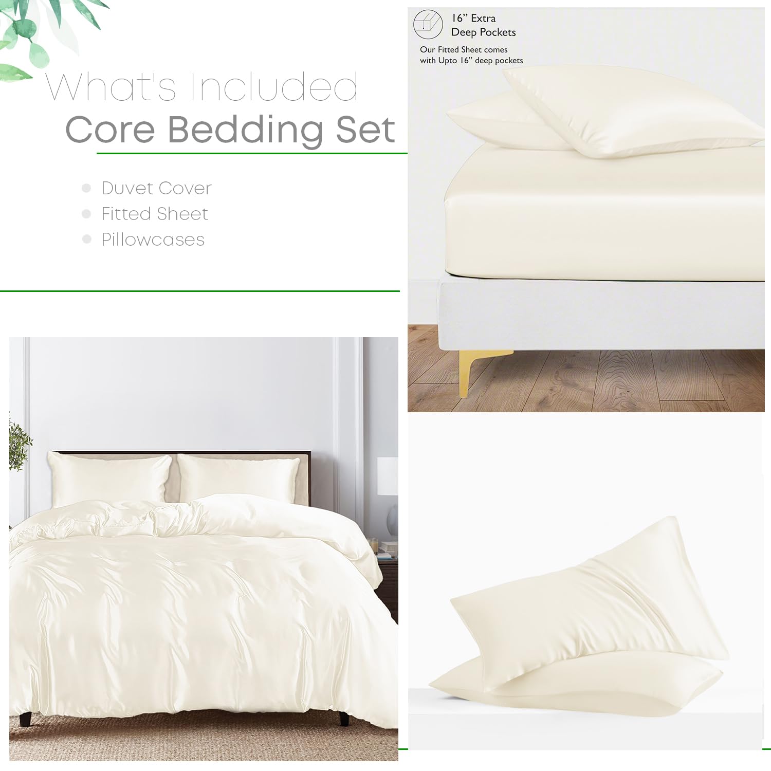 Linenwalas Tencel Lyocell Duvet Cover Set with Deep Pocket Fitted Sheet, Viscose Made from Eucalyptus Soft, Lightweight and Breathable Complete Bedding Set (Ivory, Queen)