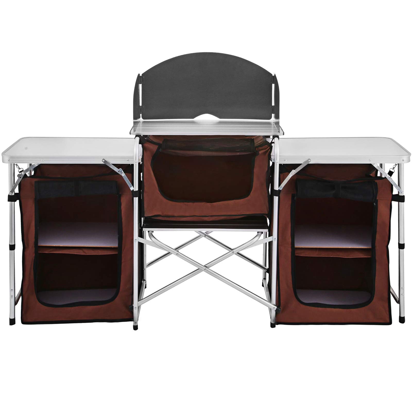 Camping Kitchen Table with Windscreen and Storage Cupboard Aluminum Folding Cooking Table Portable Camping Kitchen for Outdoor BBQ and Party