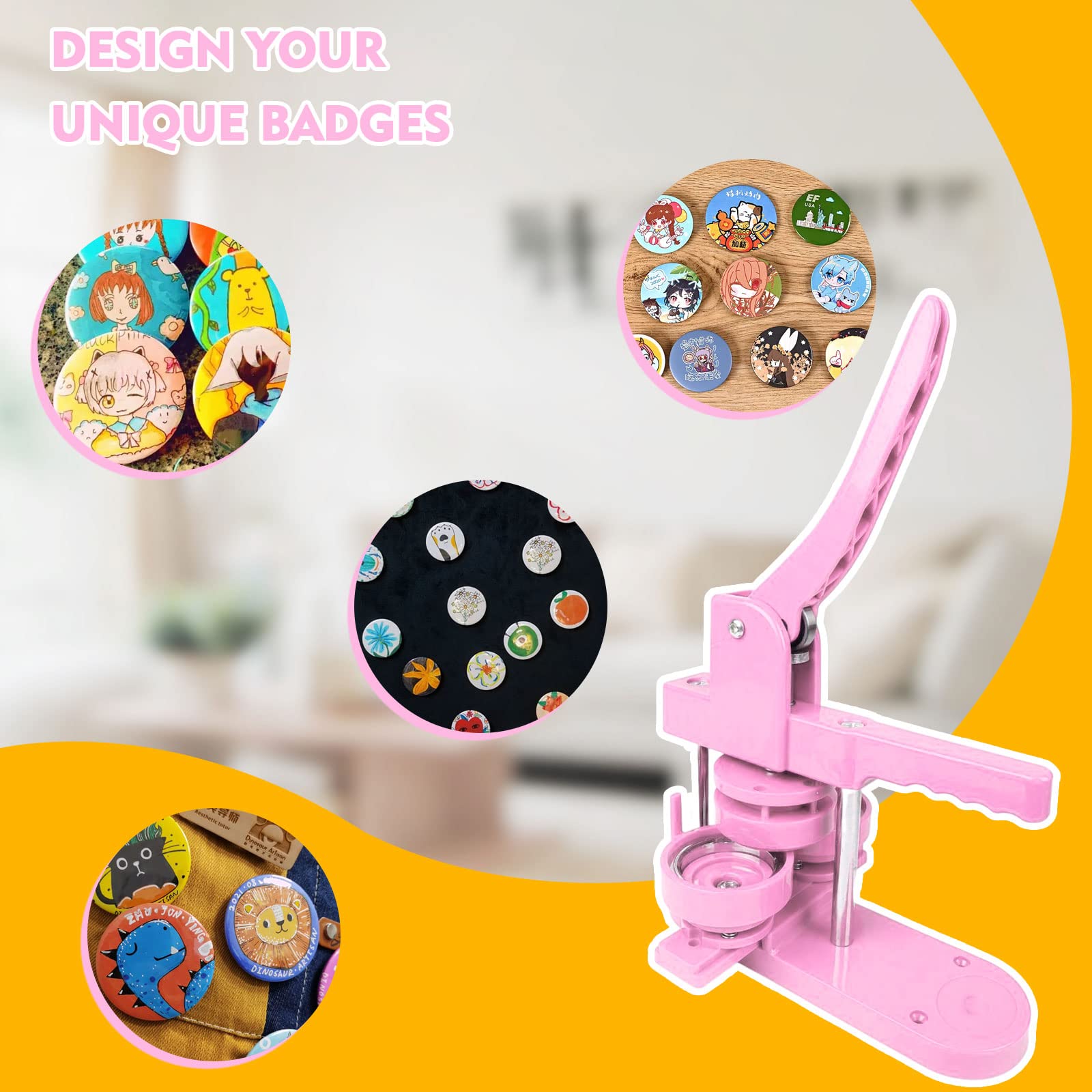 Button Maker Machine Multiple Sizes - wuyule 1''+1.25''+2.25'' Button Press Badge Maker Machine, Pink Pin Maker Machine with 300pcs Round Button Parts, 3 Circle Cutters&Magic Book