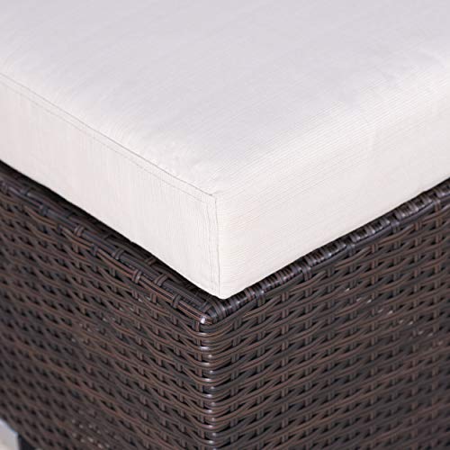 GDFStudio Outdoor 16 Inch Multibrown Wicker Ottoman Seat with Beige Water Resistant Cushion