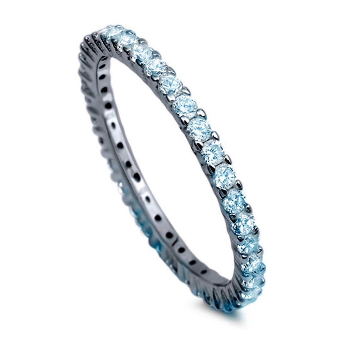 Blue Apple Co. 2mm Full Eternity Wedding Ring Band Round Simulated Aquamarine CZ Black Tone Plated 925 Sterling Silver, Size-6