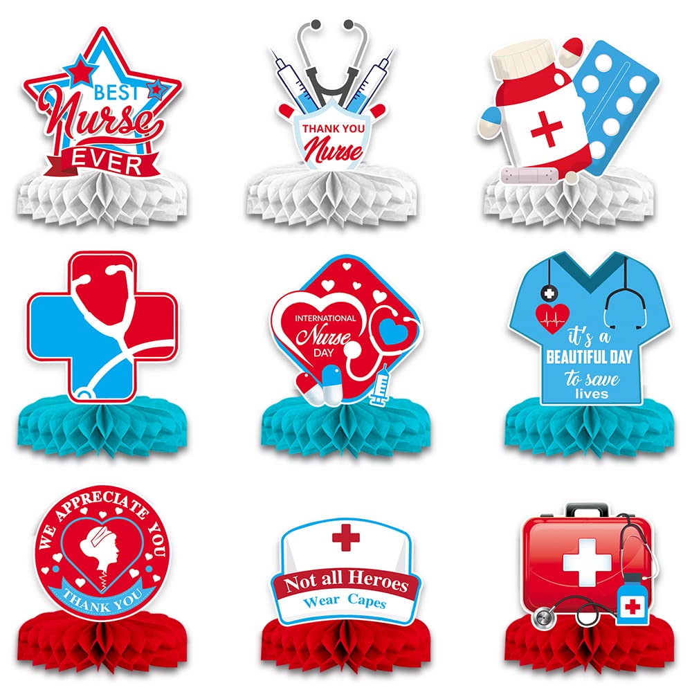 Estivaux 9 PCS Nurse Honeycomb Centerpieces Nurses Appreciation Week Honeycomb Table Centerpiece Nurse Day Table Toppers for Nurses Graduation Party Decorations 2024 Grad Party Favor Supplies