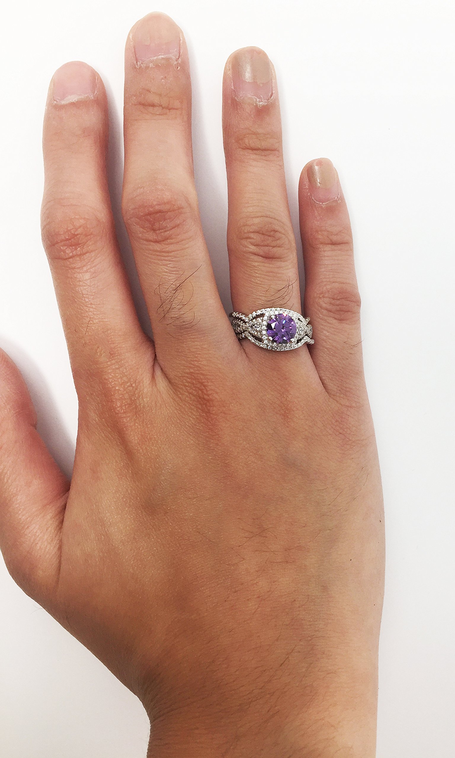 Blue Apple Co. Halo Three Piece Trio Set Wedding Ring Infinity Round Simulated Purple Amethyst CZ 925 Sterling Silver Size 6