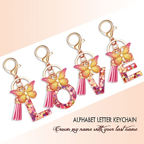 JINGUAZI Initial letter Keychains for Women Tassel Butterfly Pink Cute Car Keychain for Wallet Purses Backpack (Pink M)