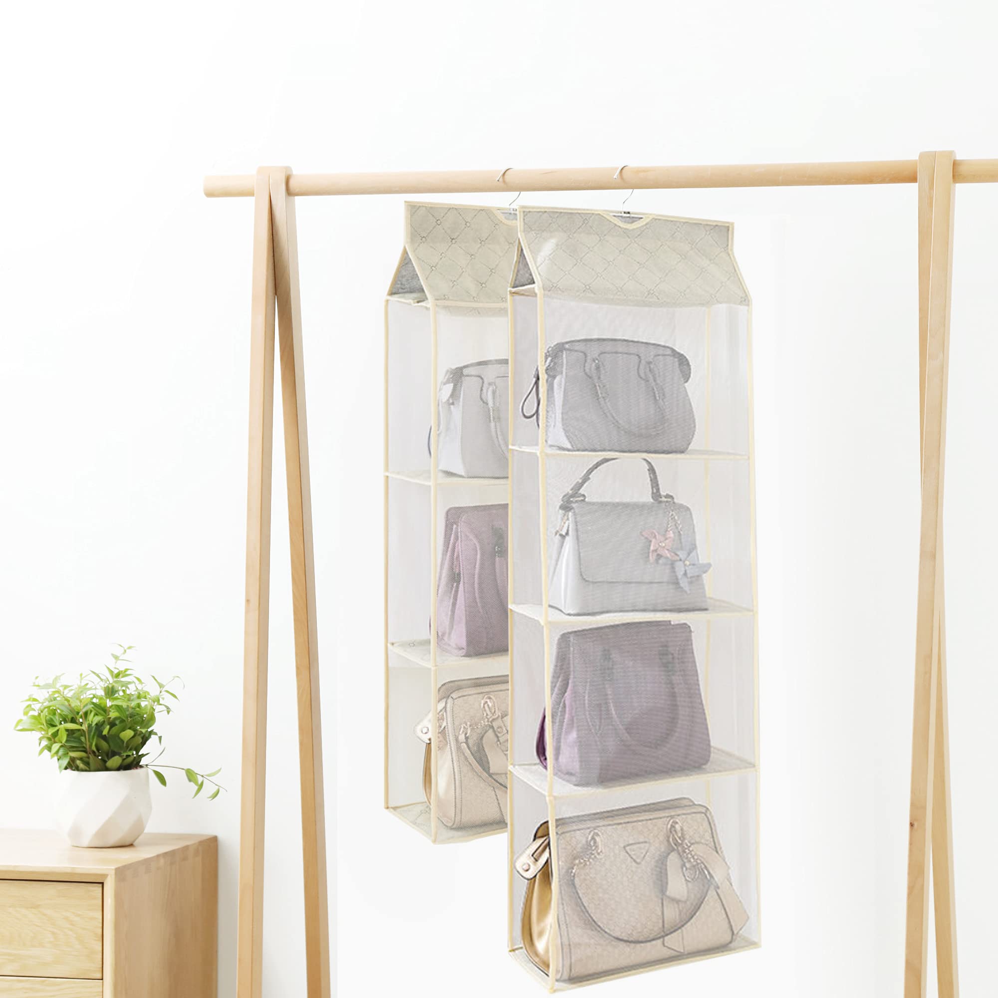souG 2 Pack Hanging Handbag Purse Organizer for Closet, Purse Bag Storage Holder for Wardrobe Close with 1pcs 4 Shelves Space and 1pcs 3 Shelves Space Saving Purse Organizers System (Beige)
