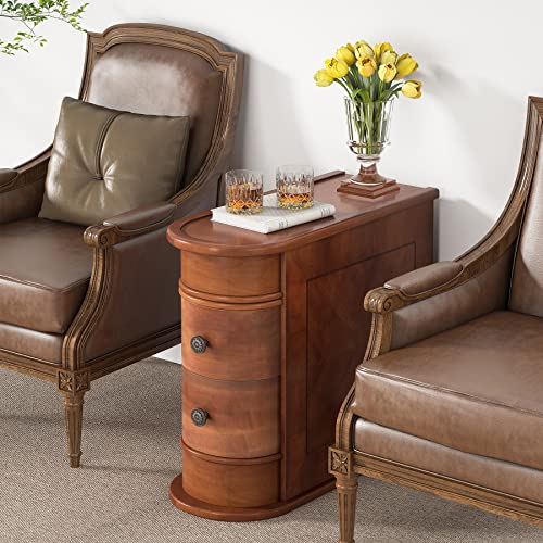 LITTLE TREE Wood End Table with 2 Drawers Sofa Side Table for Living Room, No Assembly Required Vintage Slim Nightstand Bedside Table for Bedroom, Brown