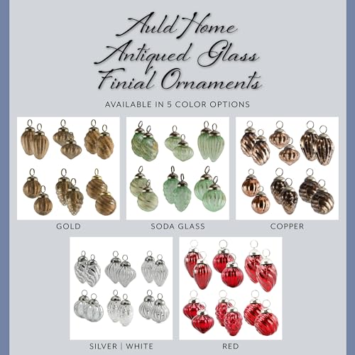 AuldHome Small Glass Finial Ornaments (Set of 12, Soda Glass); Distressed Metal Antique Style Christmas Decorations; Small to Medium Tree Sized