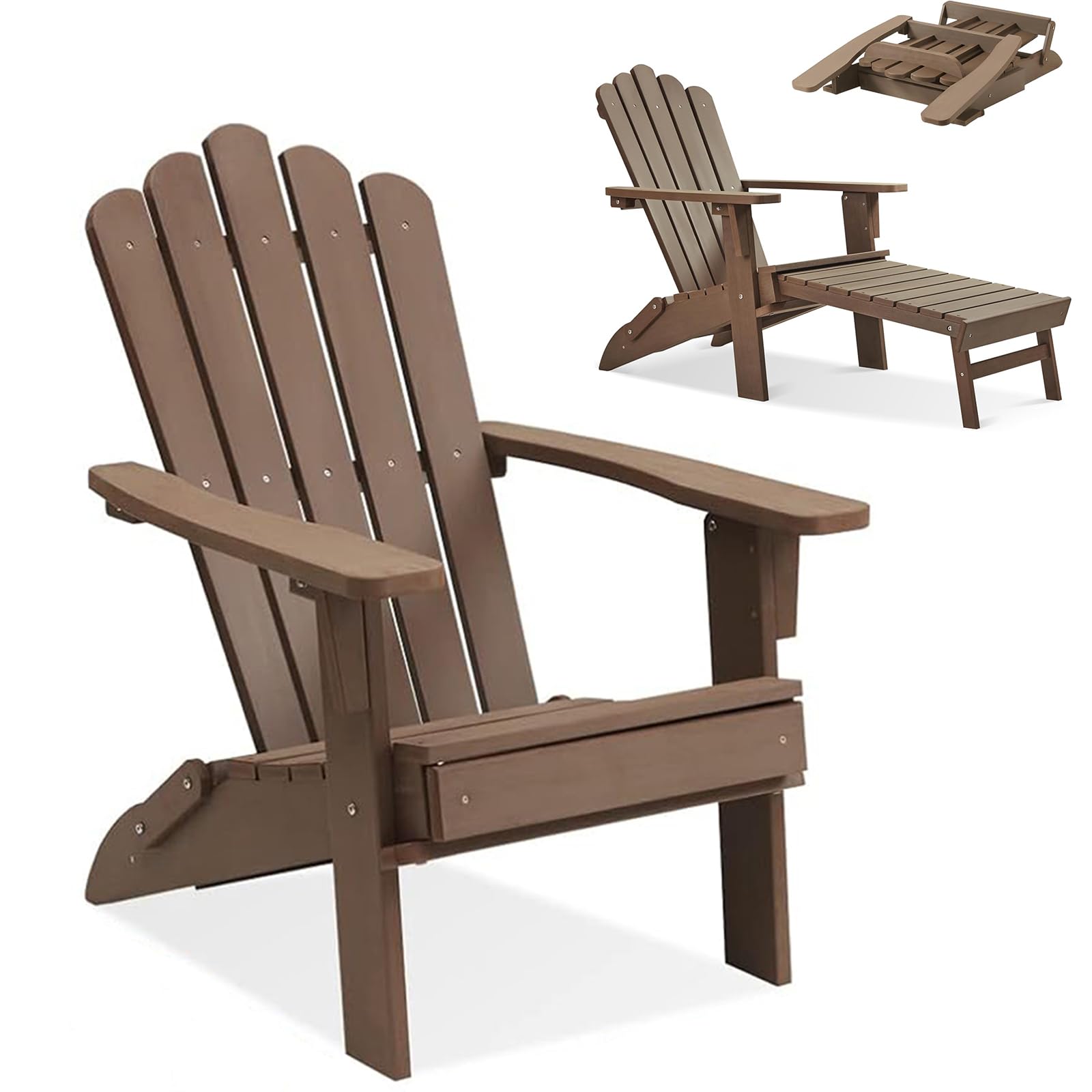 EFURDEN Adirondack Chair with Retractable Ottoman, Folding Adirondack Chair with Footrest, All Weather Poly Lumber Fire Pit Chair with Ottoman, All Weather Chair for Outdoor Brown
