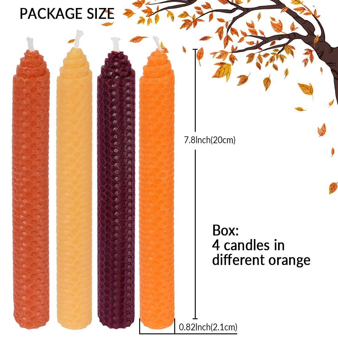 DEYBBY 8" Hand-Rolled Beeswax Taper Candles 4 Pack Cone Top,Pure Natural Honeycomb Bee Wax Candle,4Hour Burn Time(Yellow Orange Brown Fall)