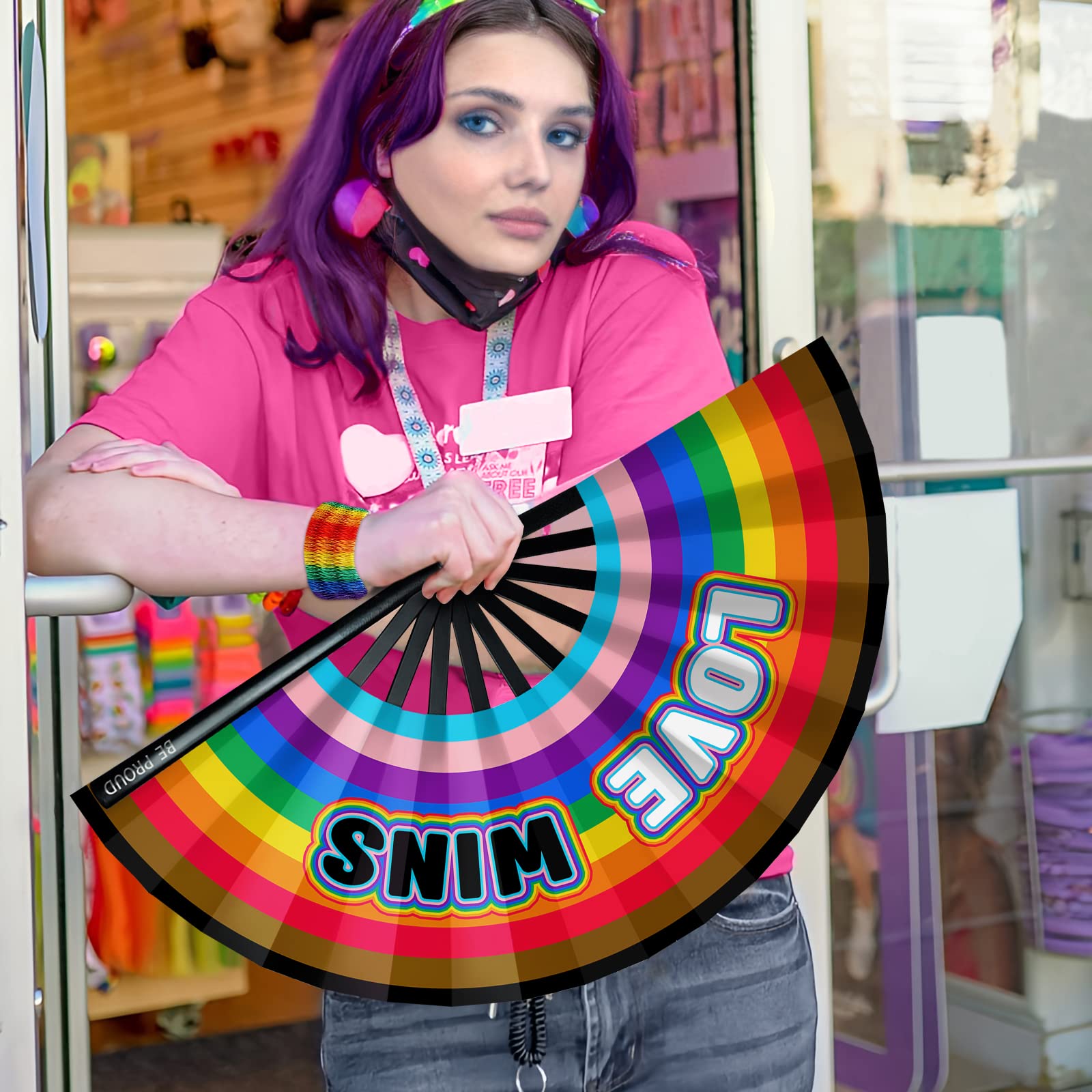 bmuvghi Rainbow Folding Fan Pride Hand Held Fan Gay Pride Stuff Large Clack Hand Fan Foldable Rave Fan for LGBTQIA+ Pride Parade Pride Accessories Stuff