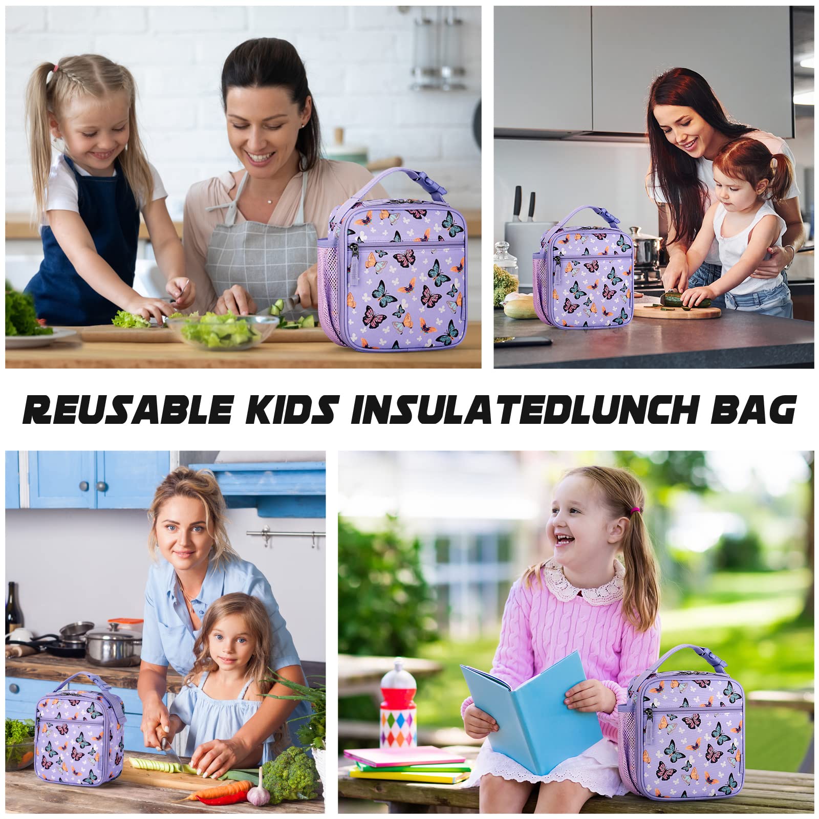 Choco Mocha Girls Lunch Box for School, Butterfly Lunch Bag for Kids, Purple