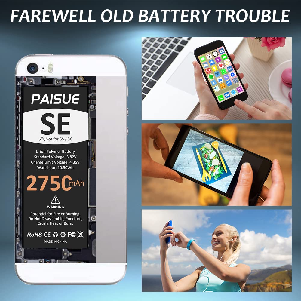 Battery for iPhone SE 2016 1st Generation, [2750mAh] Upgraded New Version High Capacity 0 Cycle Replacement Battery for iPhone SE First Gen Models A1662, A1723, A1724 with Professional Repair Tool Kit