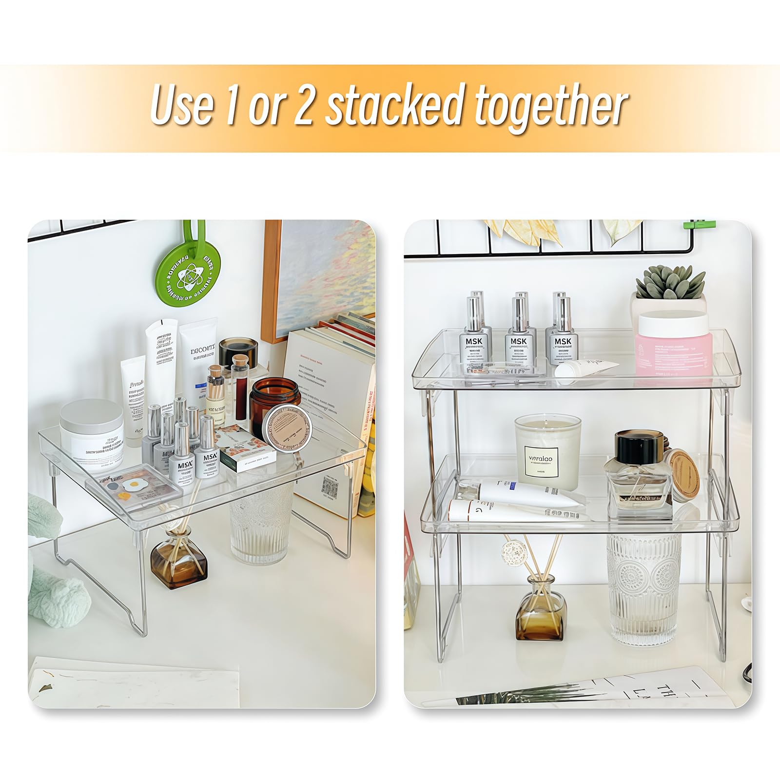 DEYIZY 2-Tier Foldable Bathroom Counter Organizer for Skincare, Vanity & Makeup - Space-Saving, Stackable, No Assembly - Bathroom Countertop Organizer, Bathroom Cabinet Organizer