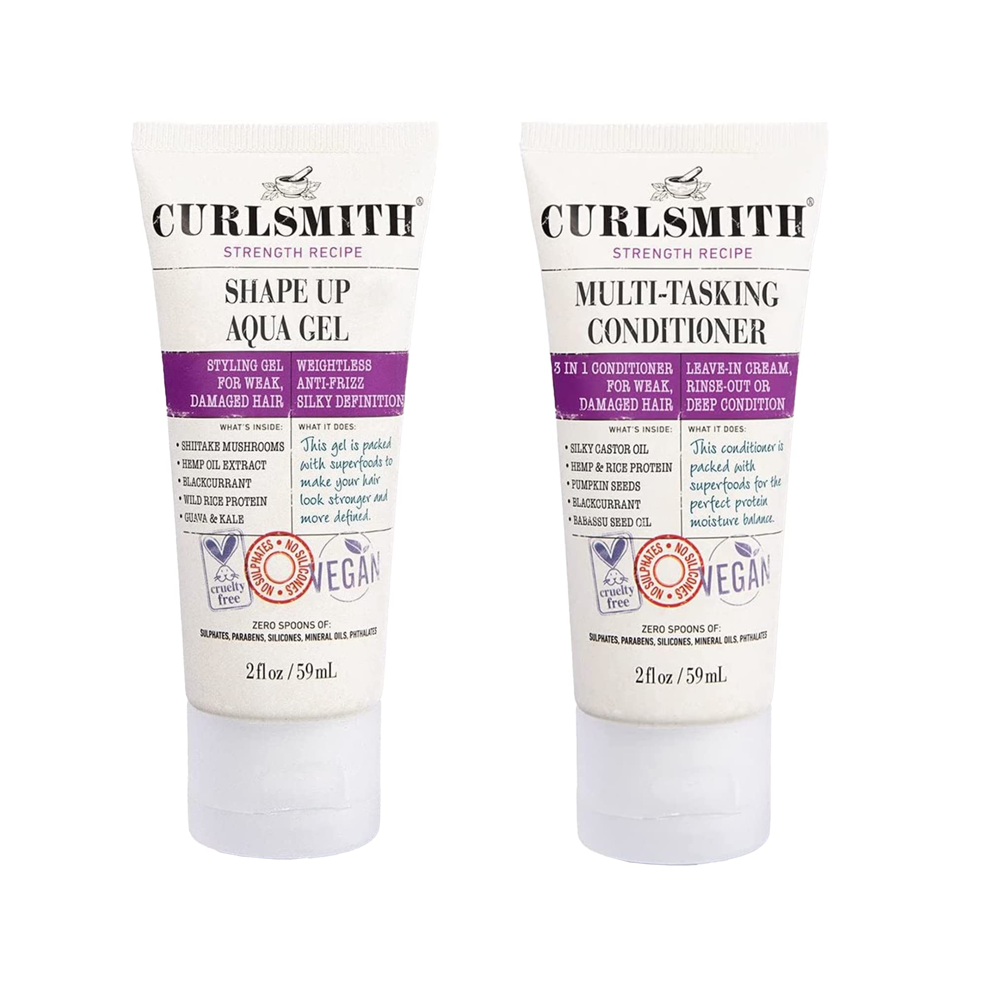 CURLSMITH Travel Duos - Protein Enriched Hair Styling - Multi-Tasking Conditioner (2oz) + Shape Up Aqua Gel (2oz) for Curly, Wavy or Coily Hair, Vegan