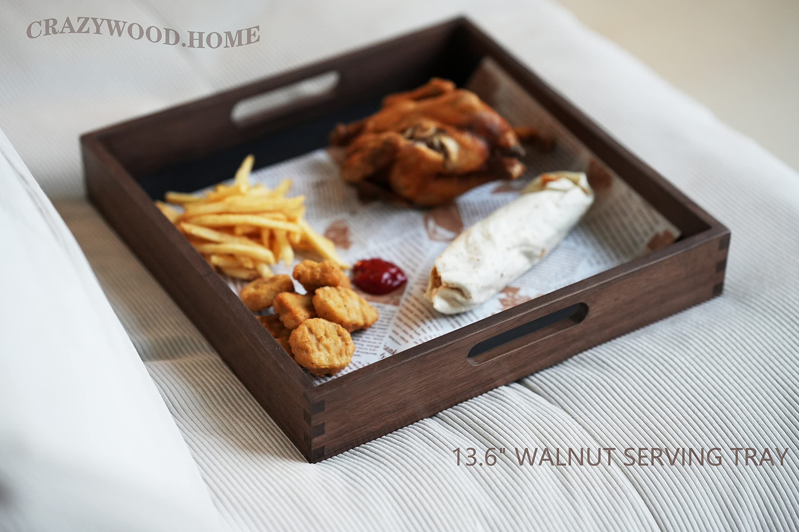 CRAZYWOOD 13.6x13.6 Inches Walnut with Carry Handle Black Ottoman Tray Serve Tea Coffee or Breakfast in Bed Classic Wooden Decorative Serving Tray Decorative Serving Tray