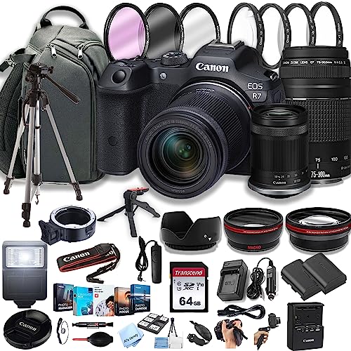Canon EOS R7 Mirrorless Digital Camera with RF-S 18-150mm f/3.5-6.3 is STM Lens + 75-300mm F/4-5.6 III Lens+ 64GB Memory Cards, Professional Photo Bundle (42pc Bundle)