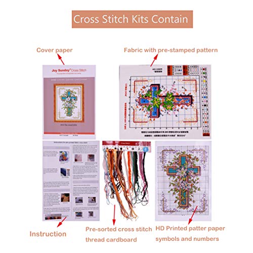 Joy Sunday Cross Stitch Stamped Kits Pre-Printed Cross-Stitching Starter Patterns for Beginner Kids or Adults, Embroidery Needlepoint Kits The Cross Lily