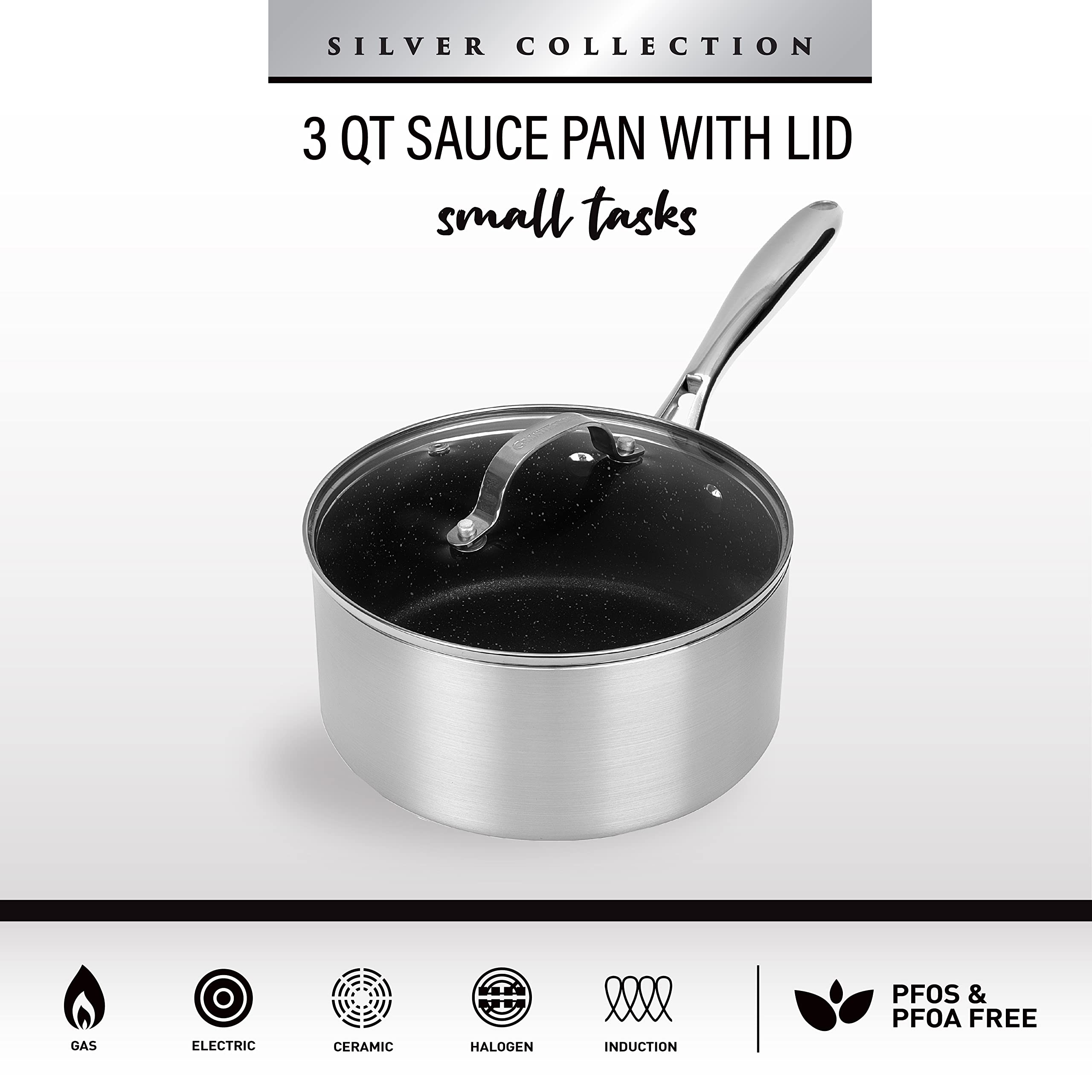 Granitestone Nonstick 3 Quart Saucepan with Glass Lid, Small Pot with Lid-Ultra Durable Coating with Brushed Exterior Silver-100% PFOA Free-Dishwasher & Oven Safe