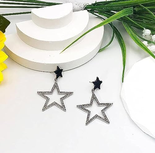 Blingsoul Silver Star Earrings – Elegant Dangle Style Stars Silver Rhinestone Earrings for Women | [J100018] Star Earring