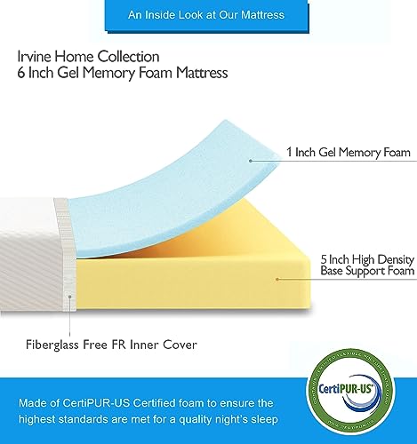 Irvine Home Collection Twin Size 6-Inch, Cooling Gel Memory Foam Mattress, Medium Firm, Cool Sleep and Pressure Relief, CertiPUR-US Certified, Great for Kids, Bunk Beds, Trundles, Campers, Daybeds