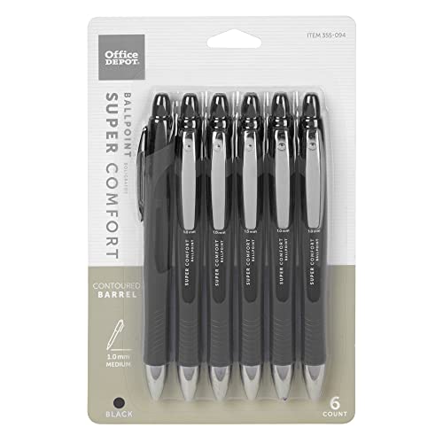 Office DepotÂŽ Retractable Ballpoint Pens With Grip, Medium Point, 1.0 mm, Black Barrel, Black Ink, Pack Of 6