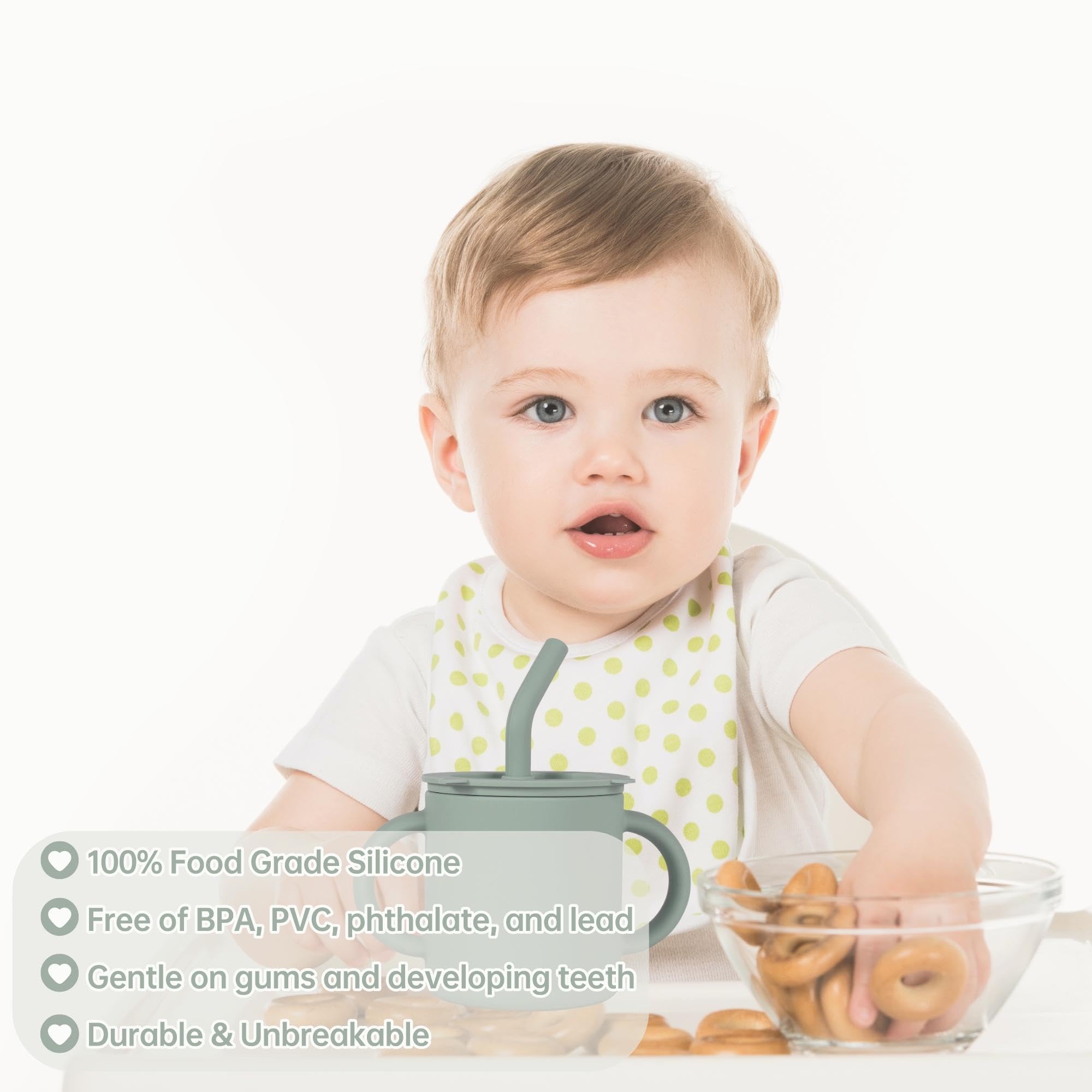 Chicrinum 2-in-1 Silicone Sippy Cup with Straw & Snack Cup Lid, Food-Grade Silicone Baby Straw Cup, Spill Proof Toddler Straw Cup for 6 Month+, Dishwasher Safe