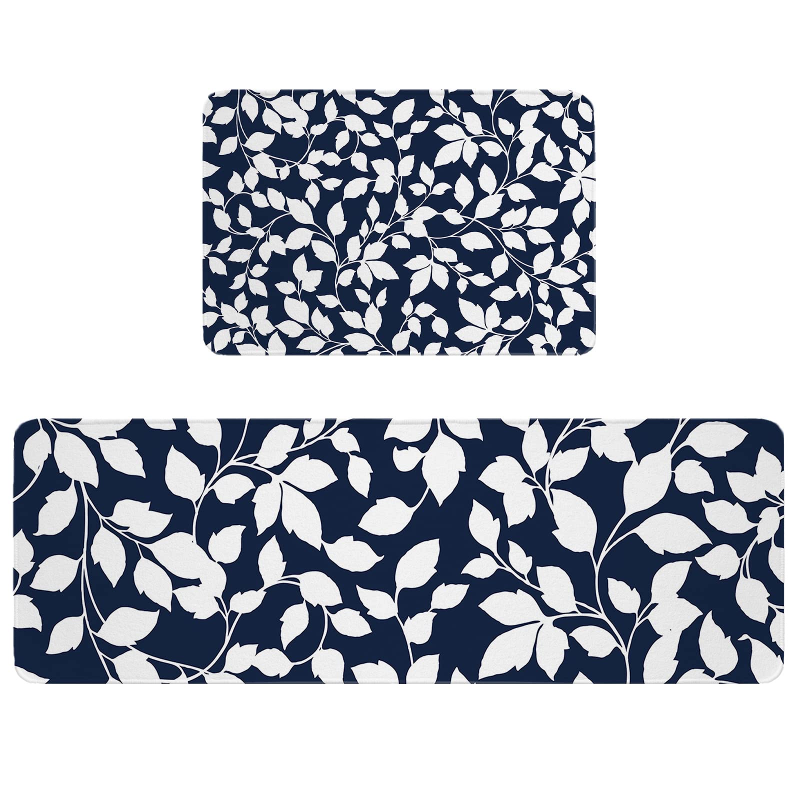 Carosoffe White Leaf Kitchen Rug 2 PCS, Non-Slip Soft Absorbent Standing Mats for Kitchen Bathroom Living Room Laundry Room Runner Rug Set Spring Botanical Silhouette Navy Blue 20x31.5+20x47