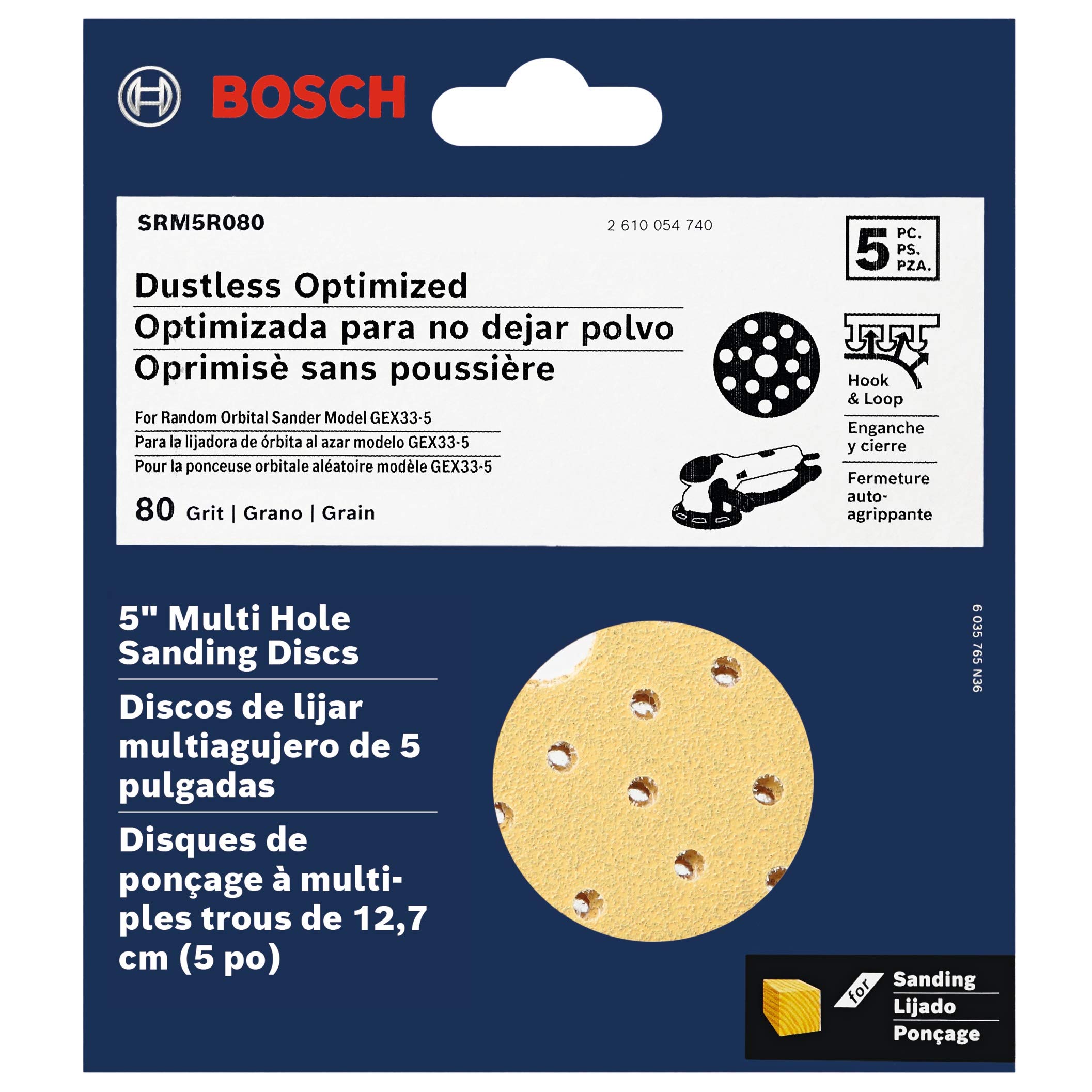 Bosch SRM5R080 5 pc. 80 Grit 5 in. Multi-Hole Hook-and-Loop Sanding Discs