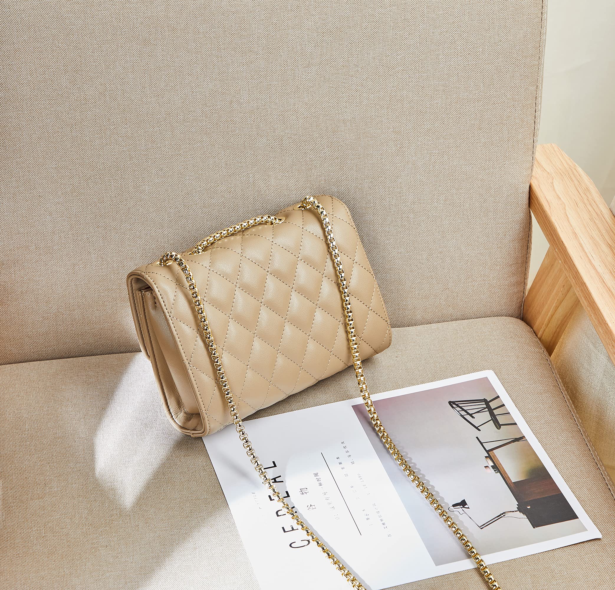 Plergi Small Genuine Leather Crossbody Quilted Flap Handbag with Chain Strap for Women Lightweight Cellphone Bag