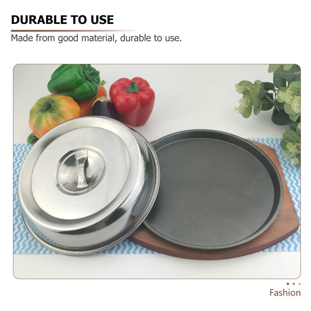 Cabilock Cast Iron Steak Plate Metal Sizzle Griddle with Wooden Base and Cover Foodservice Platter Steak Pan Grill Server Plate for Household Restaurant