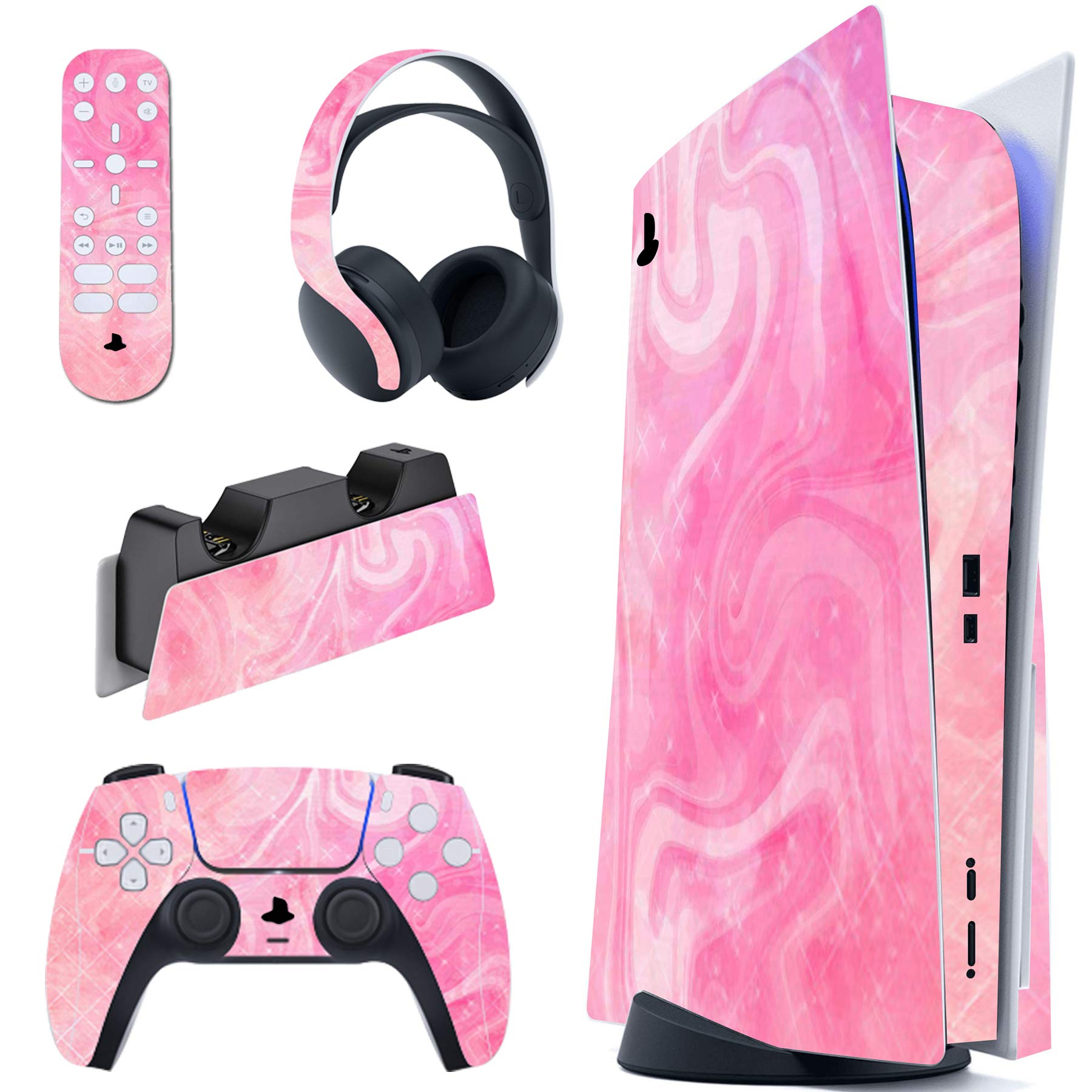PlayVital Psychedelic Pink Full Set Skin Decal for ps5 Console Disc Edition, Sticker Vinyl Decal Cover for ps5 Controller & Charging Station & Headset & Media Remote
