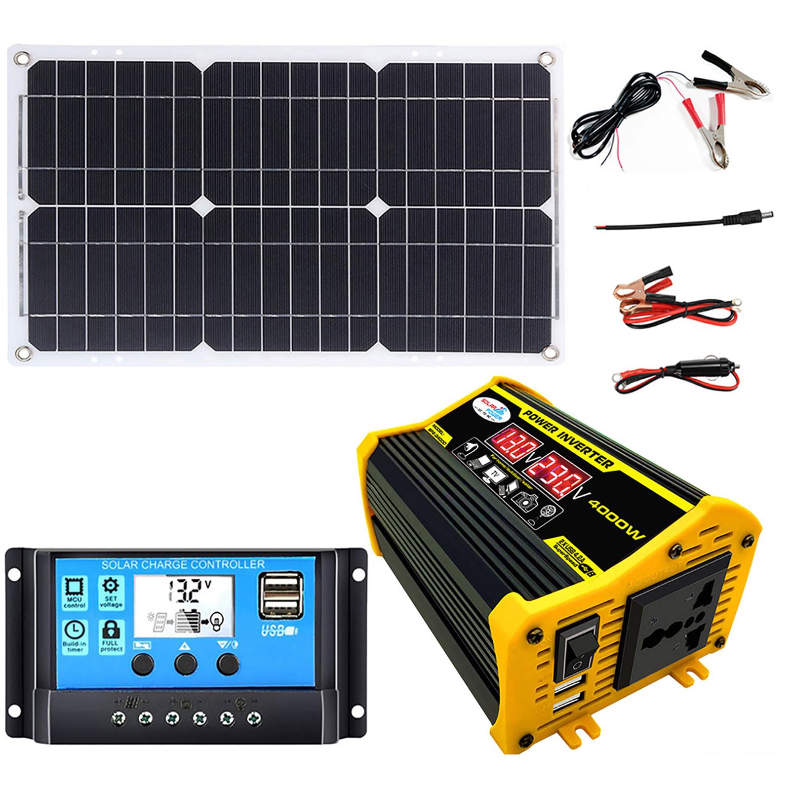 CANEVE Complete Solar Panel Kit, 18W Waterproof Solar Panel and 4000W Solar Inverter, 12V Solar 30A Controller with 2 USB Ports and LED Display for Home RV Boat Portable Car Charger,Black