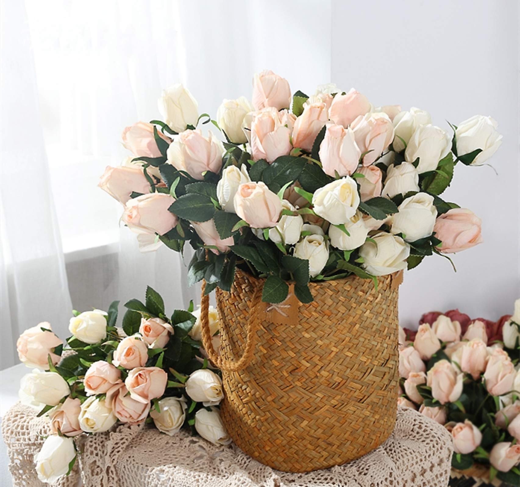 Plmqiuy Artificial Rose 9 Heads for Home Office Garden Party Wedding Decoration. (White)