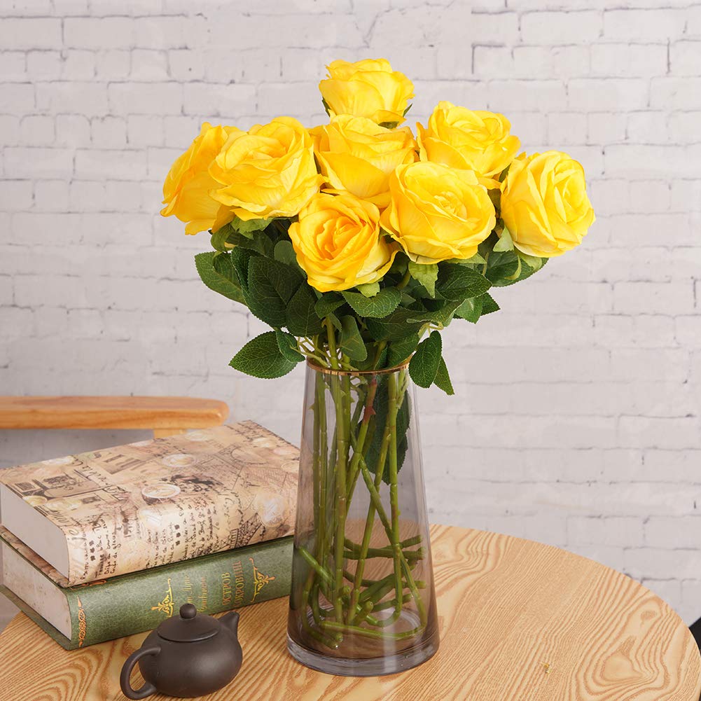Plobach 12PCS Rose Artificial Flowers Silk Roses Single Long Stem Fake Rose Flower Bouquet Realistic Touch Blossom Arrangement for Wedding Bridal Shower Home Garden Décor (Red-Box)