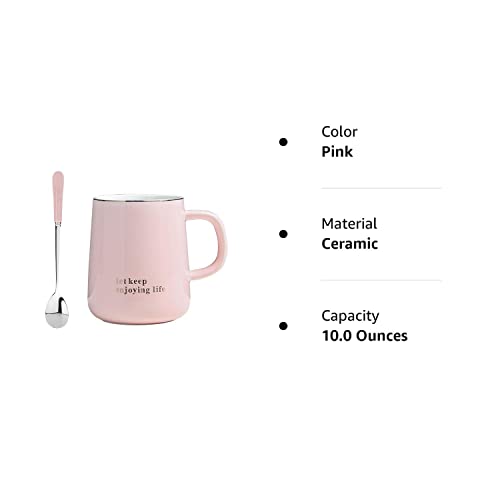 Ceramic Mug Birthday Gifts for Women China Tea Cups with Spoon Coffee Cup Suitable for Making Tea,Cold Drinks,Hot Drinks,Coffee,Etc(Pink,14.5oz)